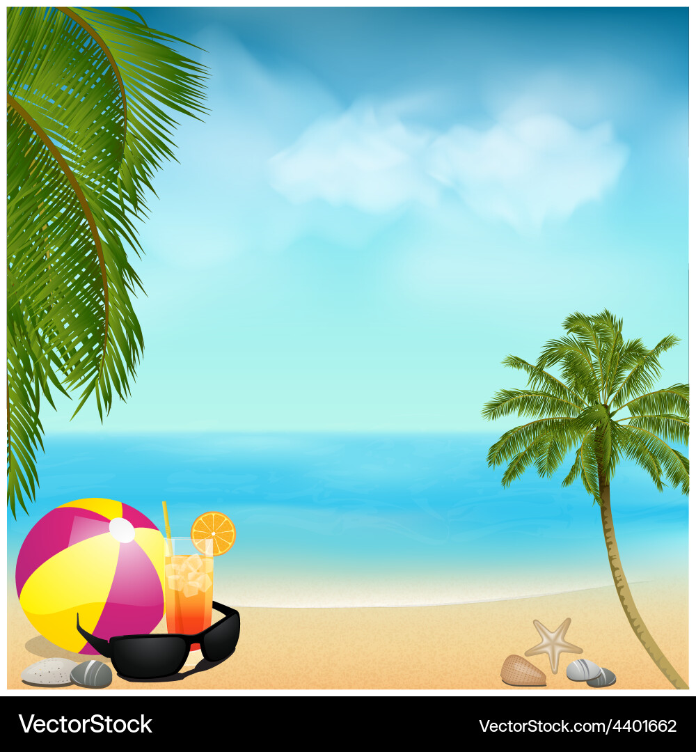 Summer beach background with palms and ball Vector Image