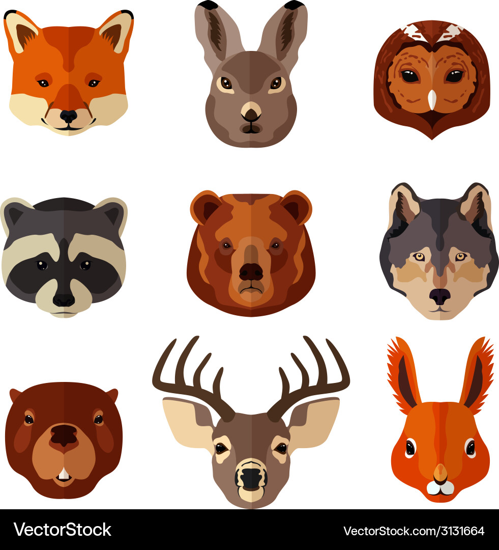 Animal portrait flat icon set Royalty Free Vector Image