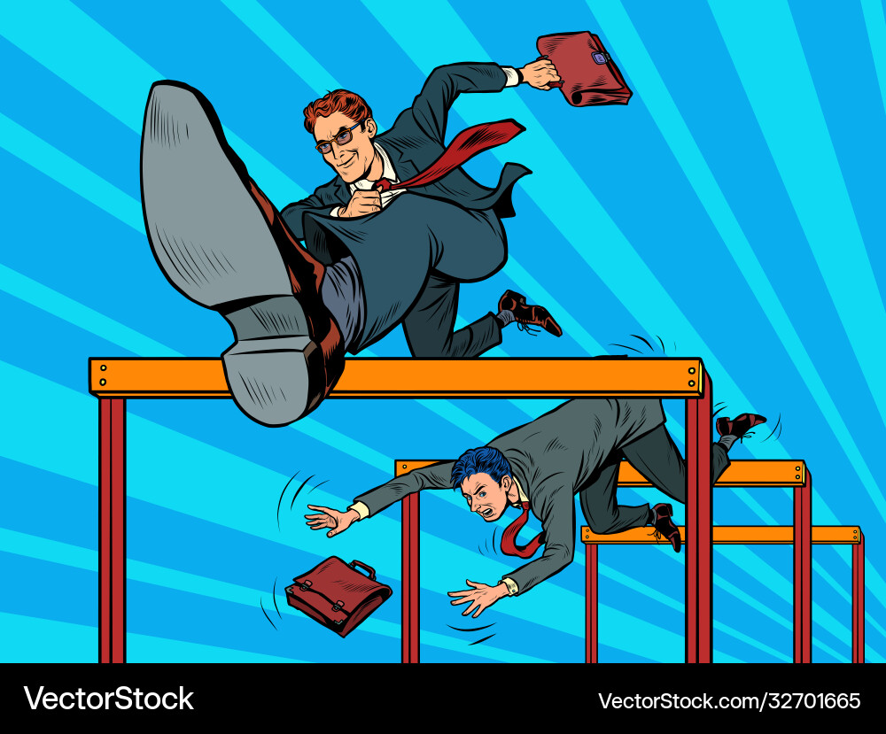 Competition businessmen jump over barriers Vector Image