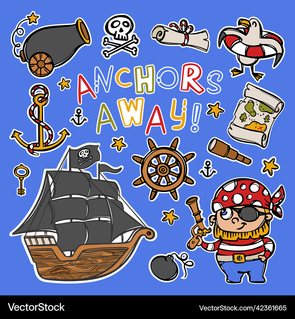 Pirate and corvette cartoon marine sticker Vector Image