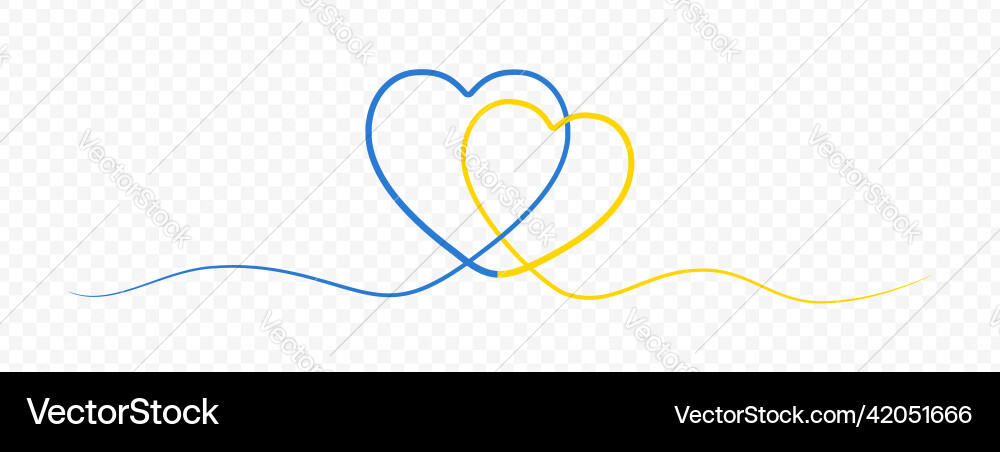 Blue yellow one line drawing two hearts Royalty Free Vector