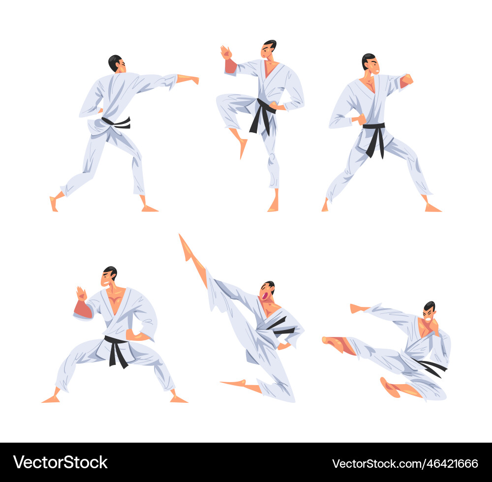 Male karate fighter in white kimono practicing Vector Image
