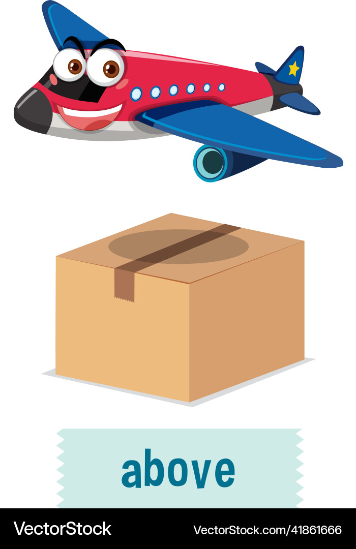Preposition wordcard with airplane aboe box Vector Image
