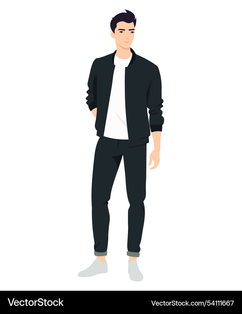 A young man in black jacket and trousers Vector Image