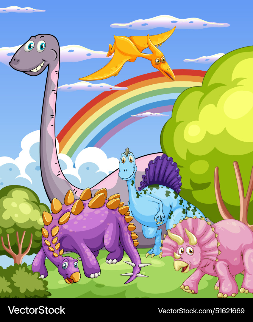 Happy dinosaurs in a vibrant landscape Royalty Free Vector