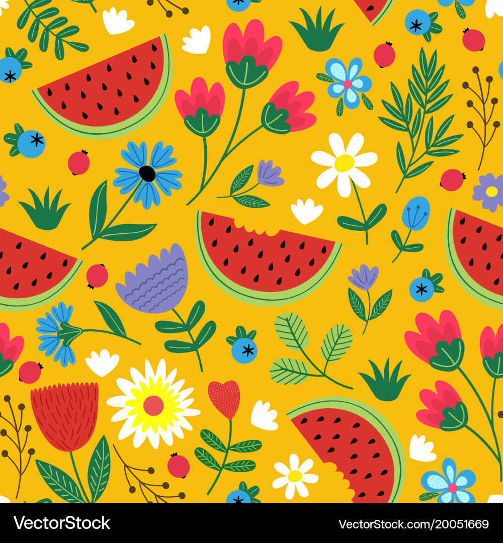 Seamless flowers pattern with watermelon Vector Image