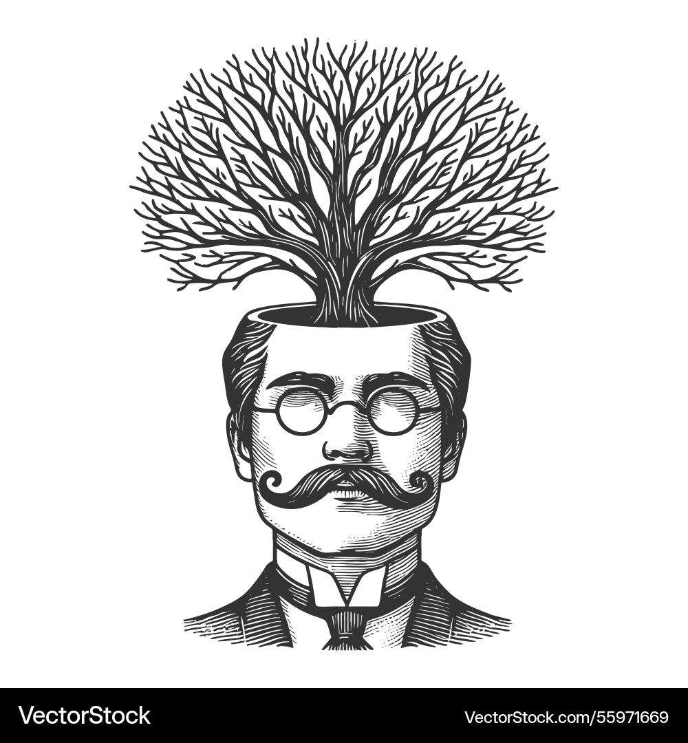 Tree growing from head engraving Royalty Free Vector Image