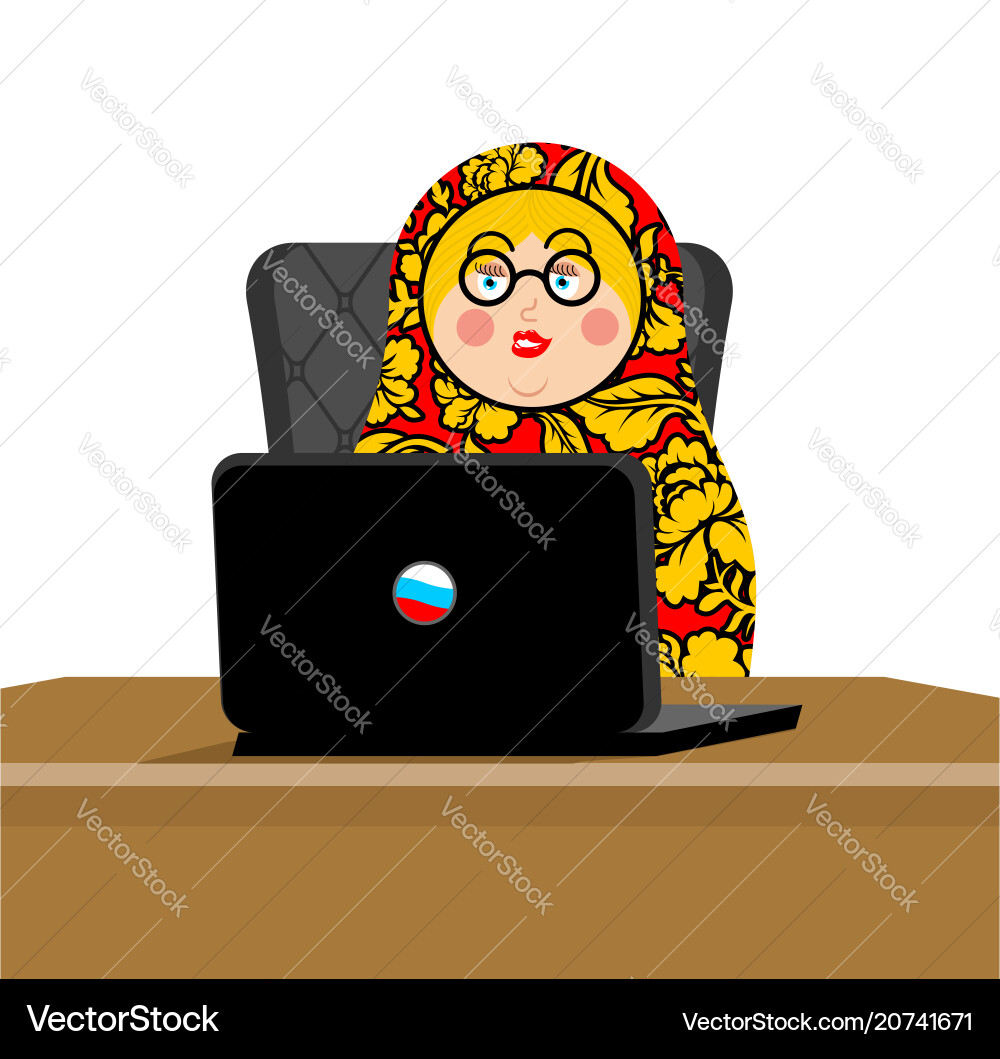 Russian hacker matryoshka and laptop ip Royalty Free Vector
