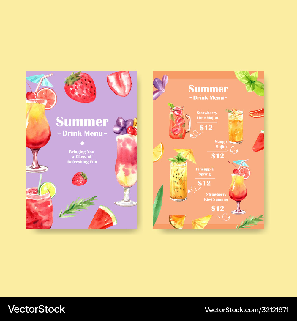 Summer Drink Menü Vorlage Design für Cocktail Vektorbild