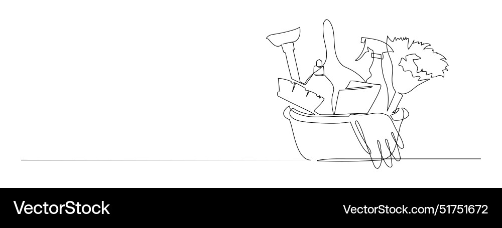 Bucket with cleaning supplies in one continuous Vector Image