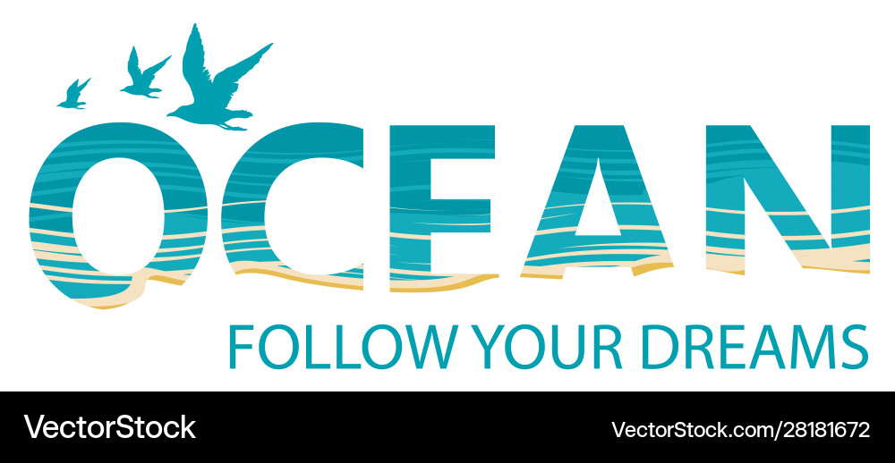 Lettering ocean with coastline and seagulls Vector Image