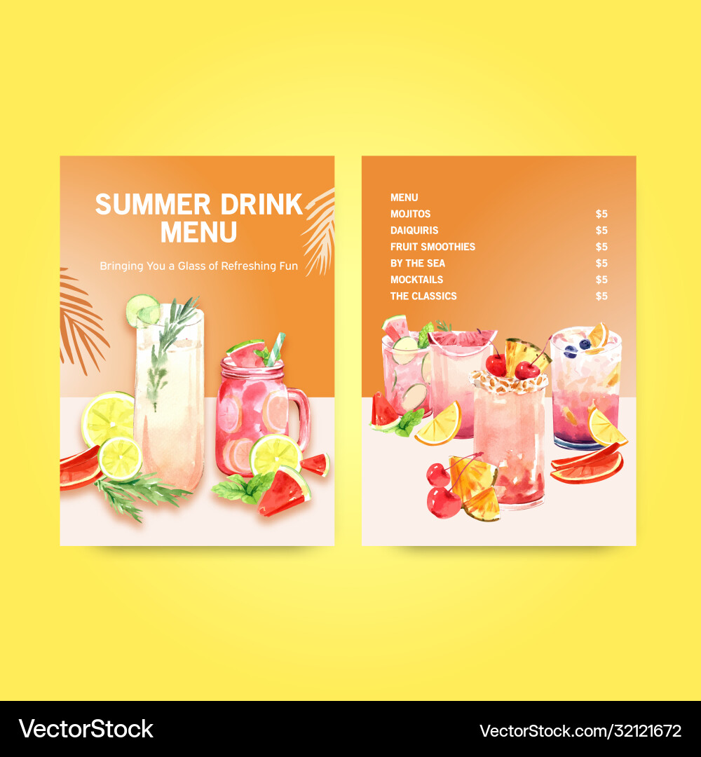 Summer drink menu template design for cocktail Vector Image