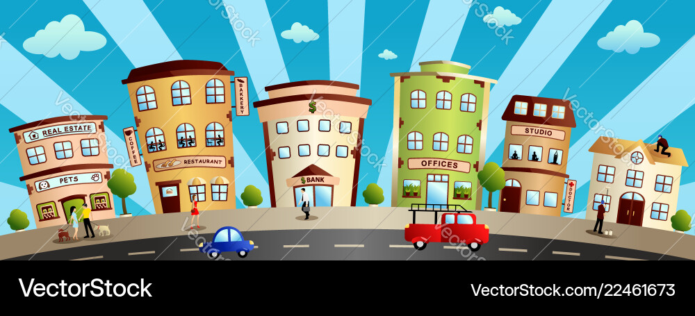 City buildings and shops cartoon Royalty Free Vector Image