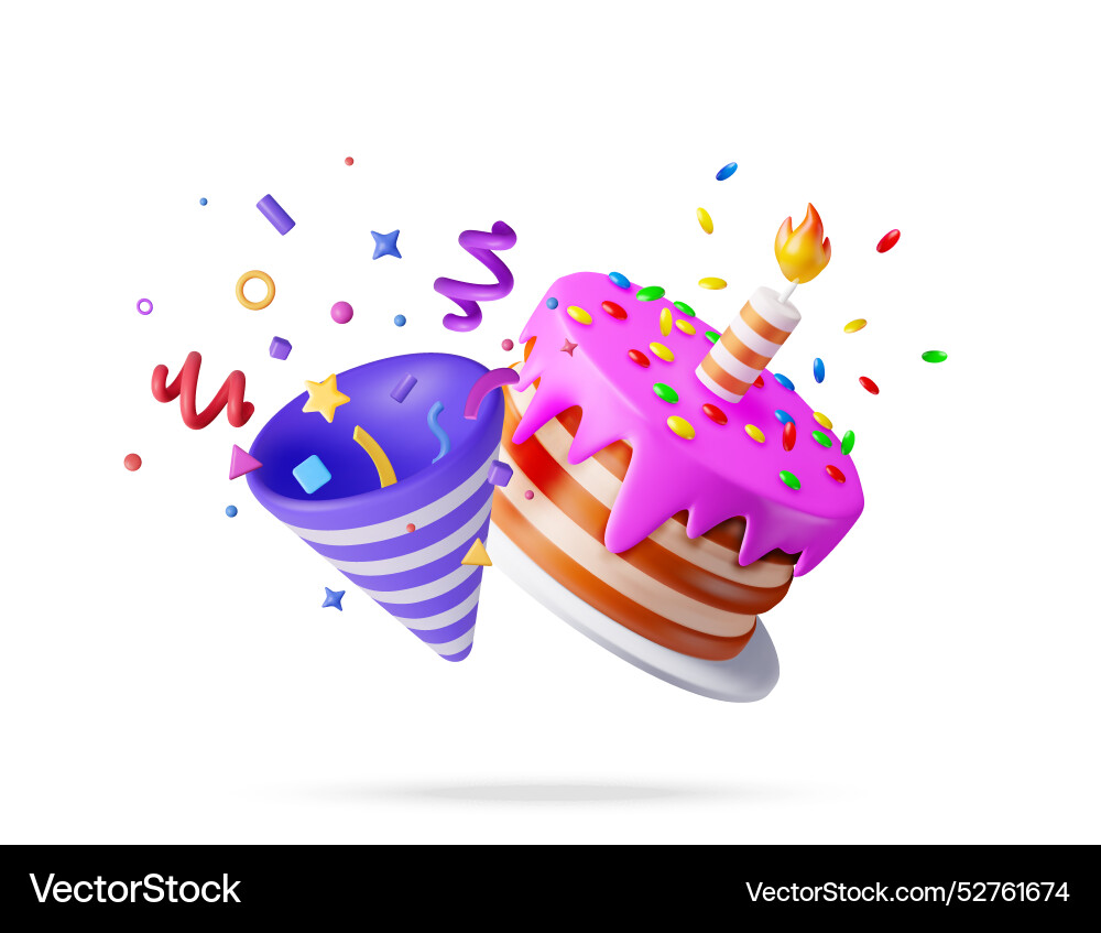 3d cake with candle and popper confetti Royalty Free Vector
