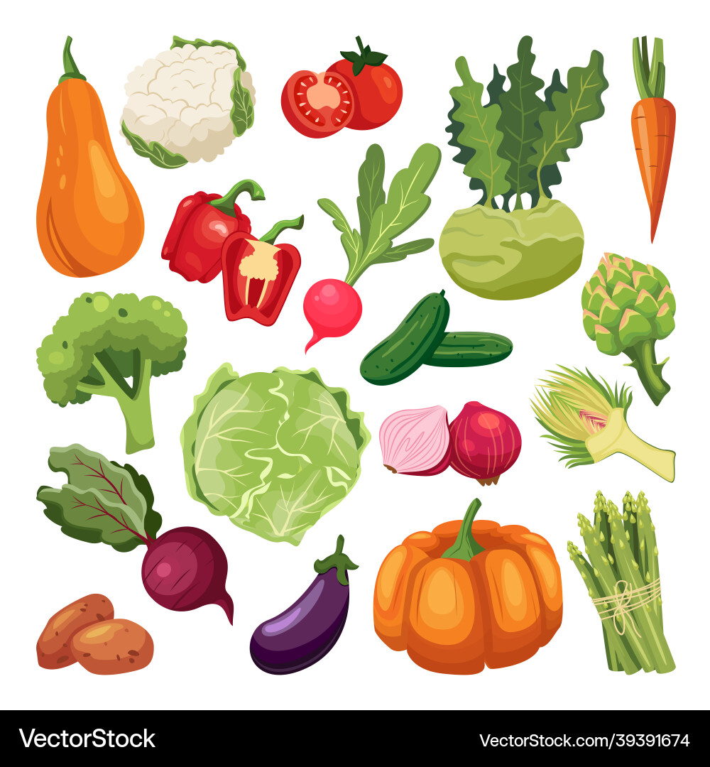 Farm fresh vegetables set flat cartoon Royalty Free Vector