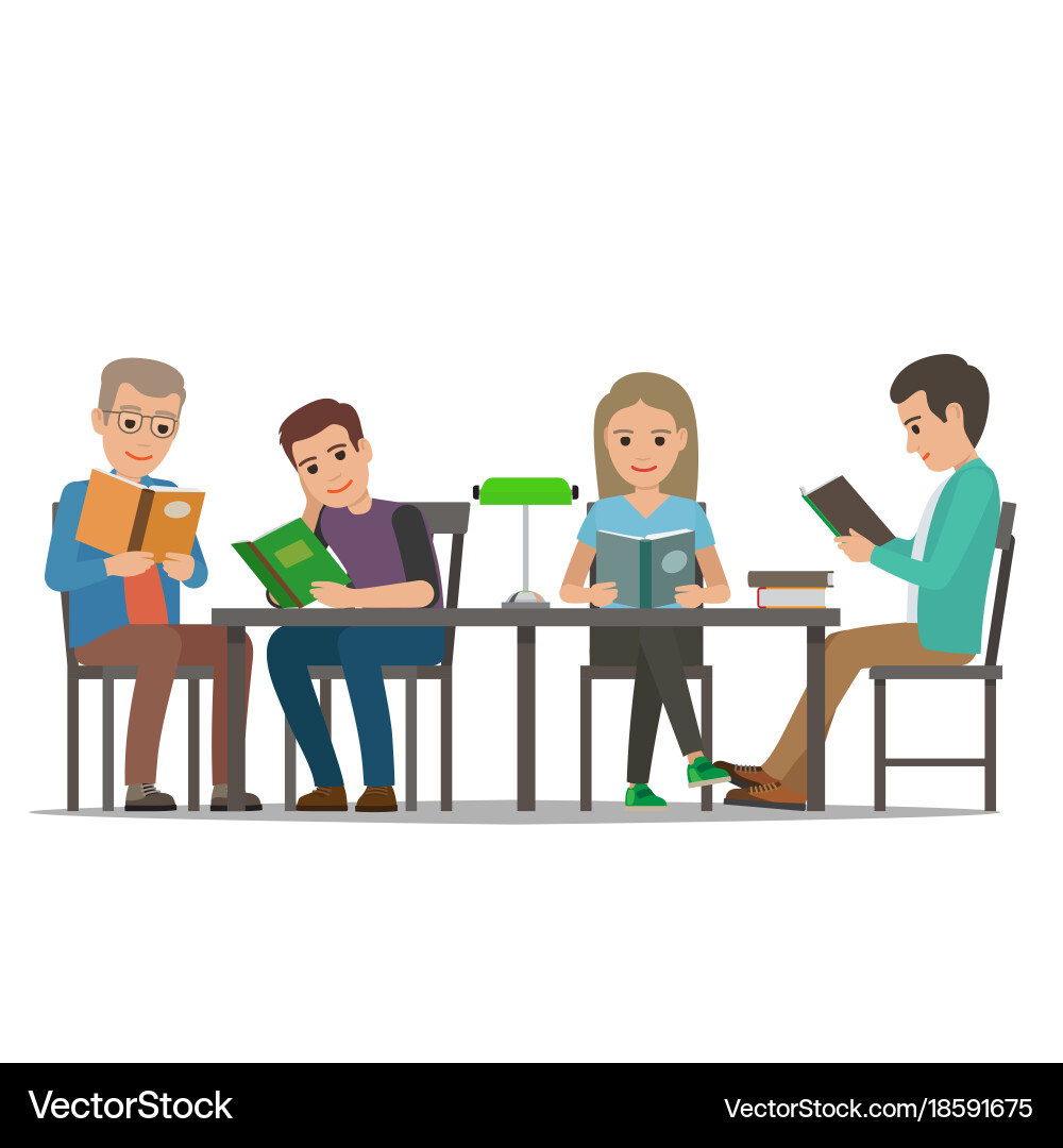 Cartoon people at table read books library room Vector Image