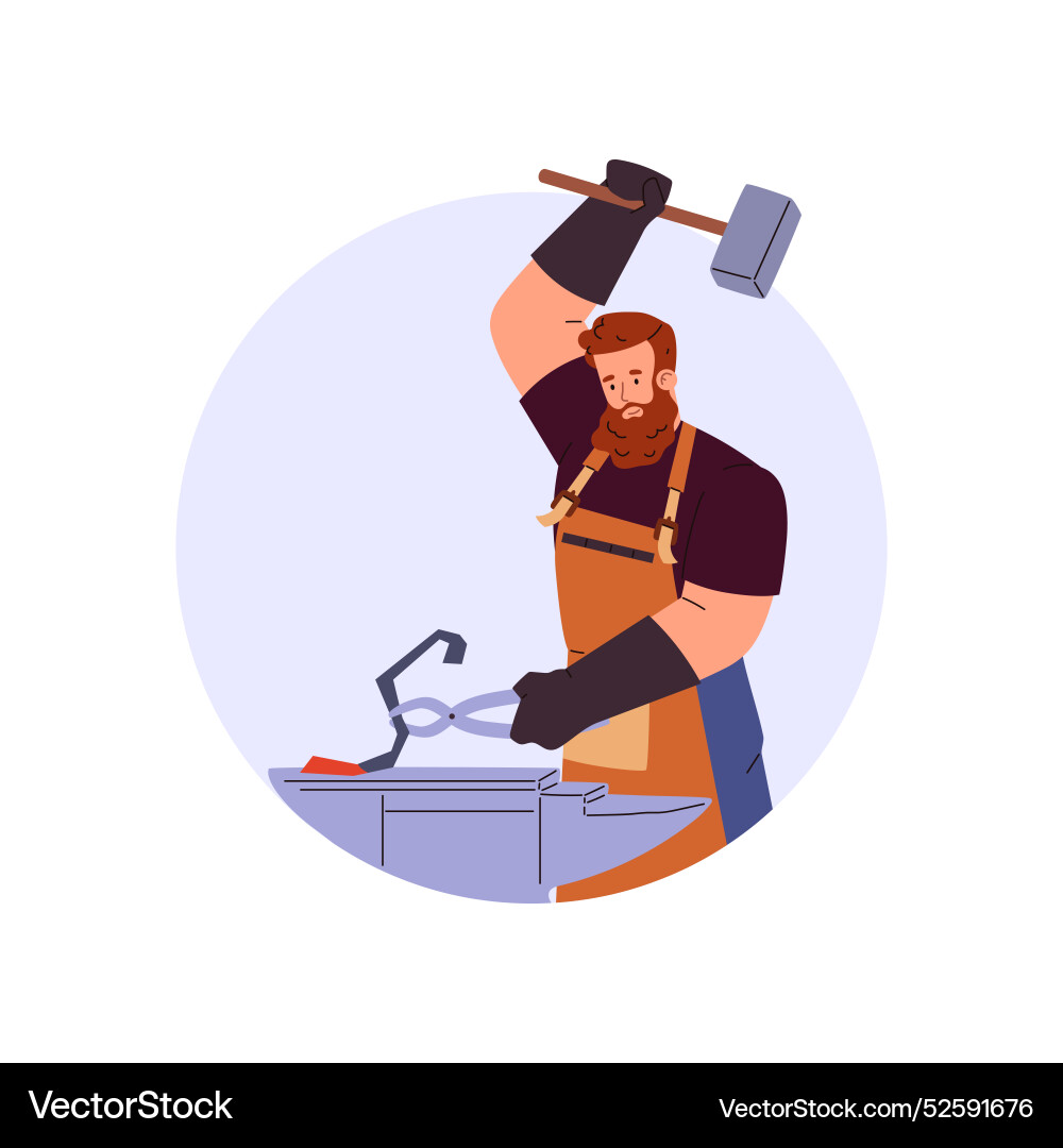 Blacksmith man strikes iron piece on the anvil Vector Image
