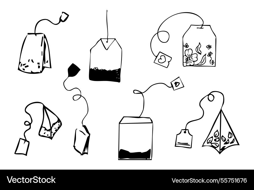 Tea bag set infusion paper filter hand drawn Vector Image