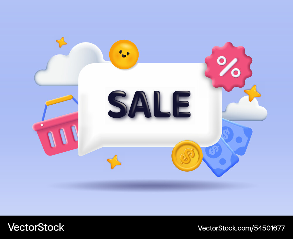3d verkauf banner emoji banknotes Warenkorb Vektorbild
