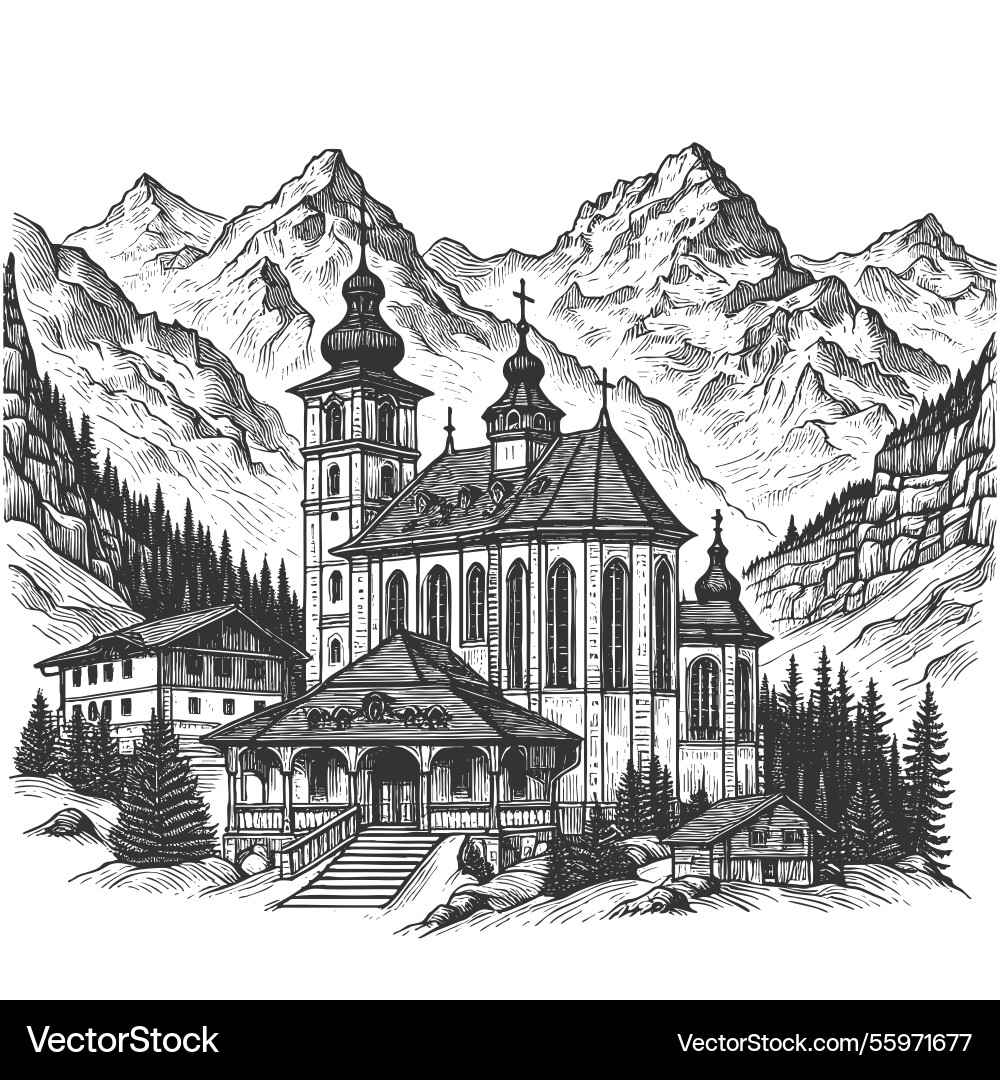 Mountain monastery engraving Royalty Free Vector Image