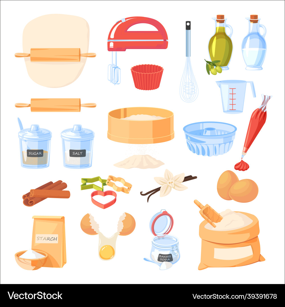 Baking ingredients and kitchen utensil icons Vector Image