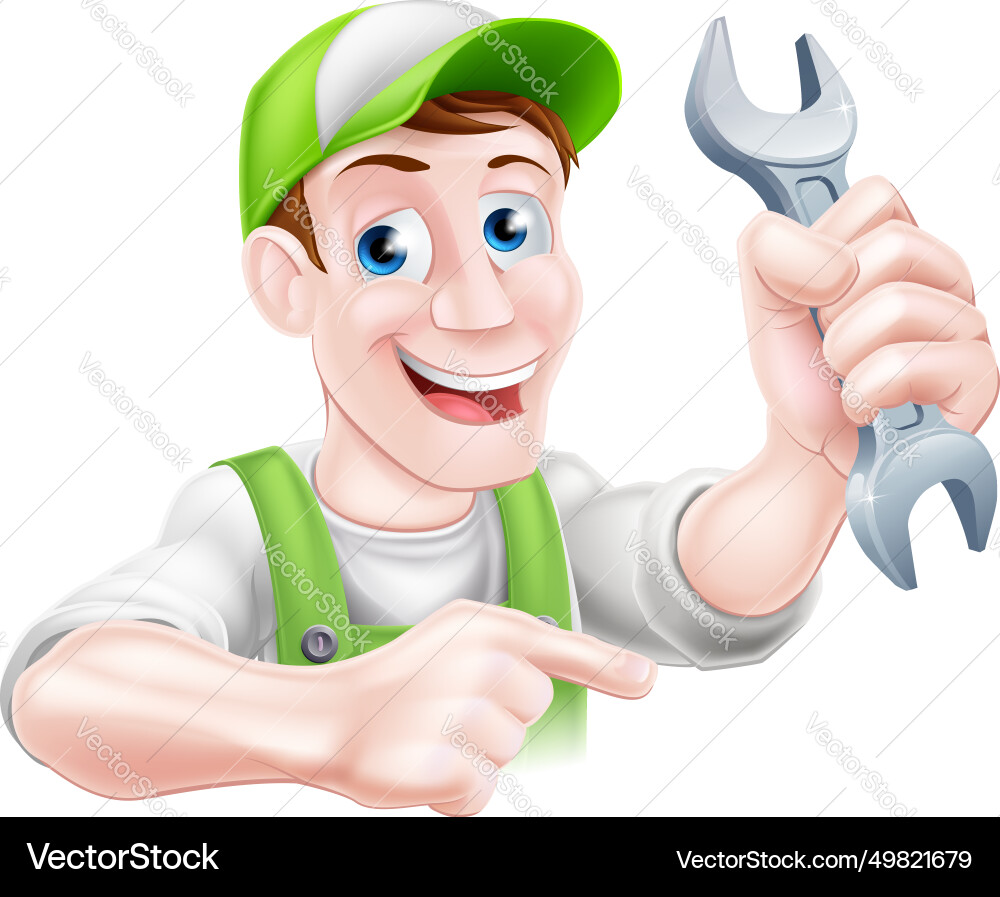 Happy Mechanic Pointing with Wrench Royalty Free Vector