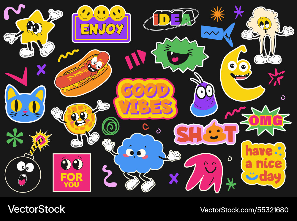 Comic characters stickers set in flat graphic Vector Image