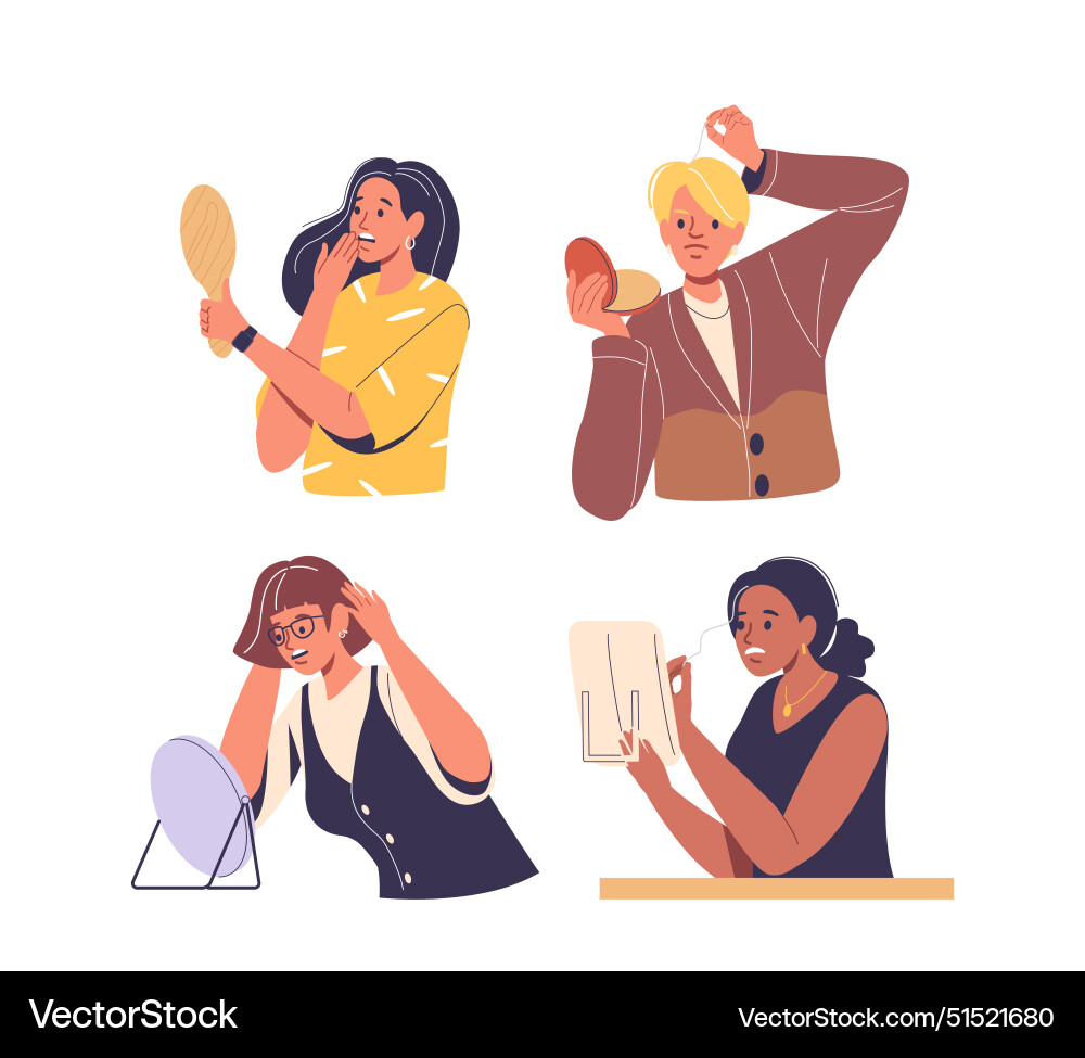 People checking their hair in mirrors Royalty Free Vector