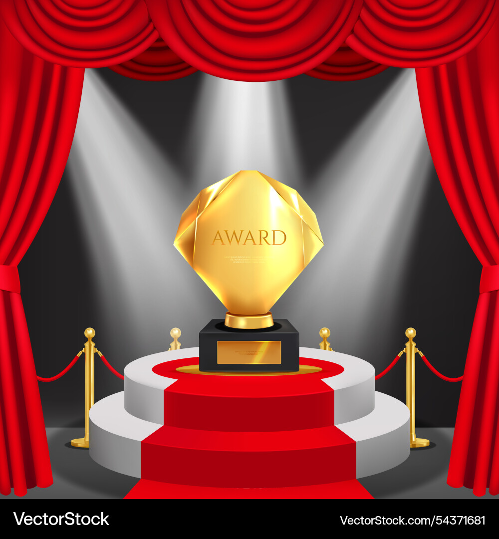 Golden trophy on stage with red curtains Vector Image