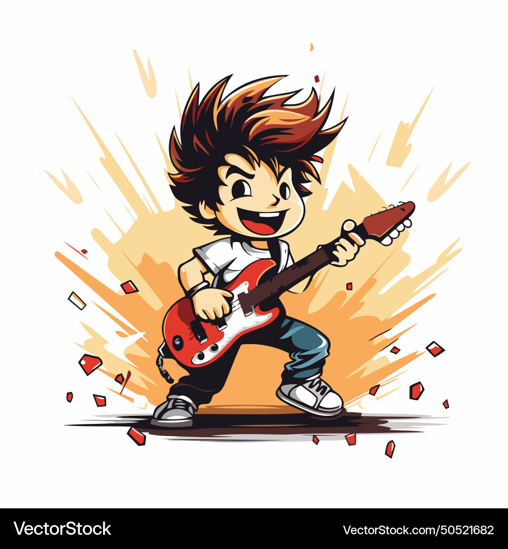 Cartoon boy playing electric guitar on white Vector Image