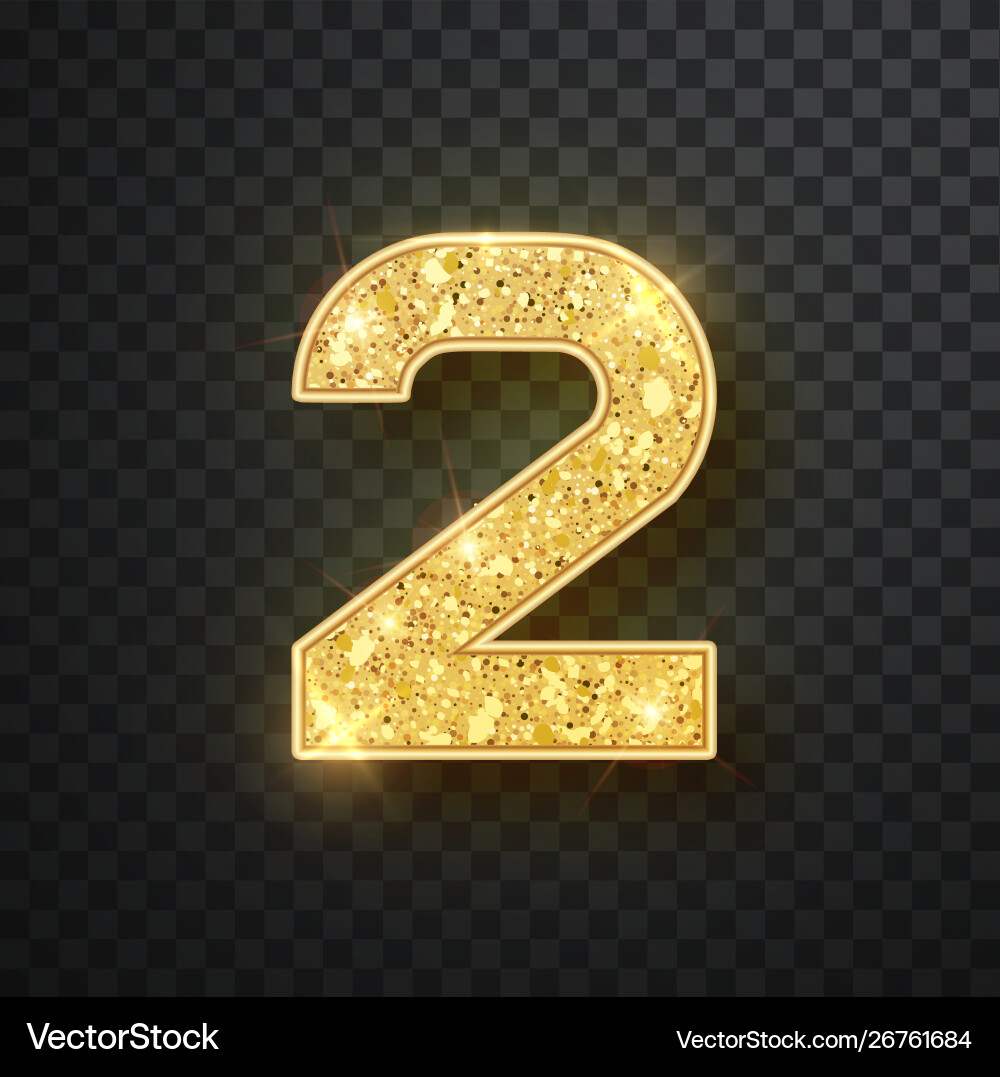 Gold glitter numbers two with shadow Royalty Free Vector
