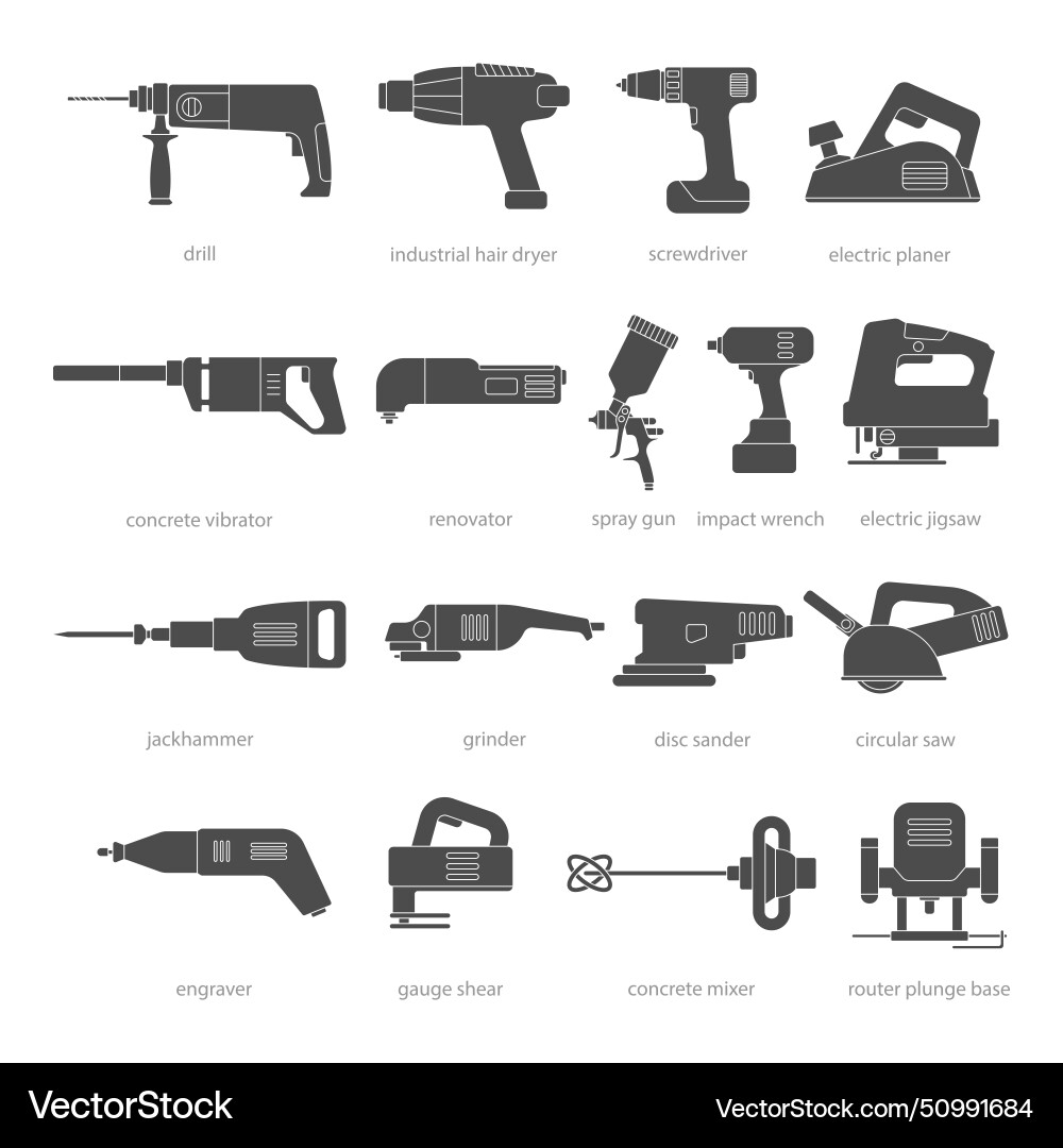 Power tools silhouette objects stencil templates Vector Image