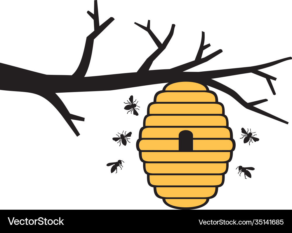 Bees and beehive on tree branch honey design Vector Image
