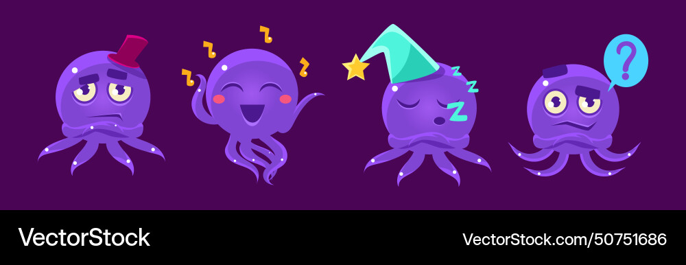 Cute purple octopus character showing various Vector Image