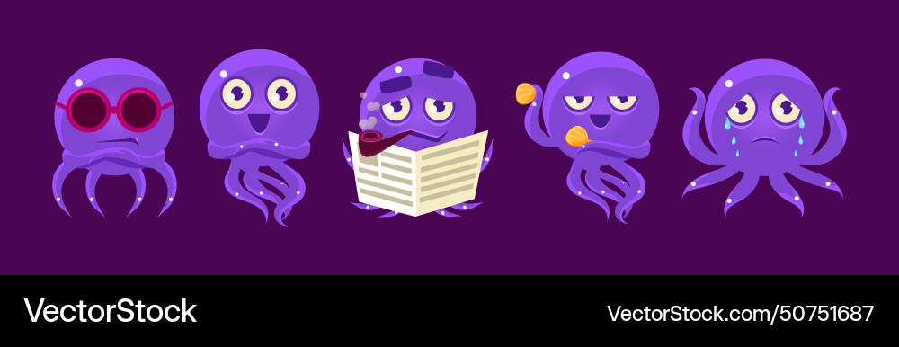 Cute purple octopus character showing various Vector Image
