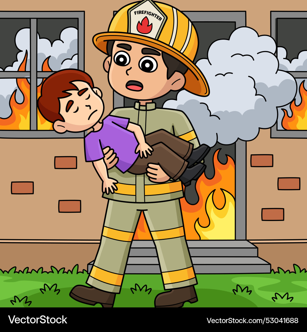 Firefighter saving the kid colored cartoon Vector Image