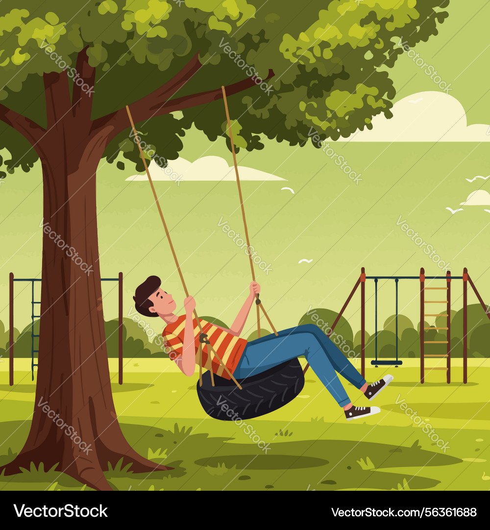 Man relaxing on tire swing under tree in park Vector Image
