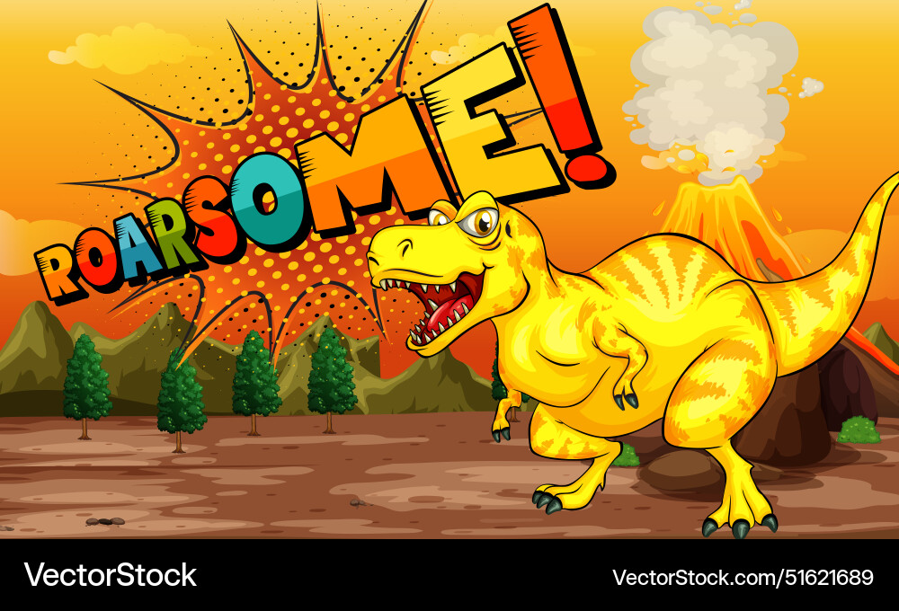 Colorful dinosaur with erupting volcano background