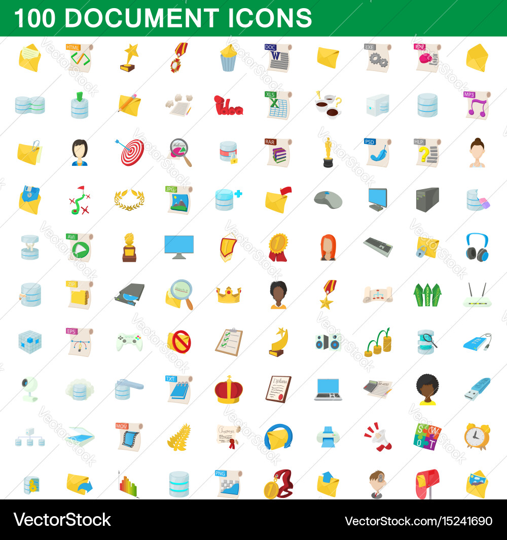 100 document icons set cartoon style Royalty Free Vector