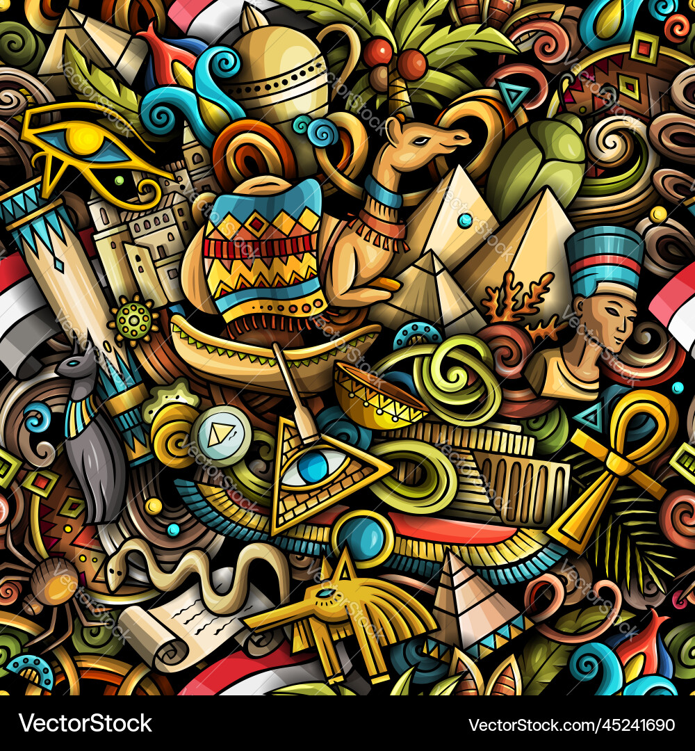 Cartoon doodles egypt seamless pattern Royalty Free Vector