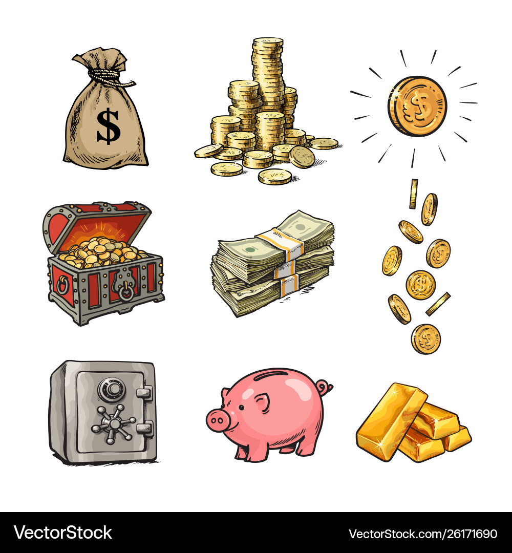 Cartoon finance money set sack dollars stack Vector Image