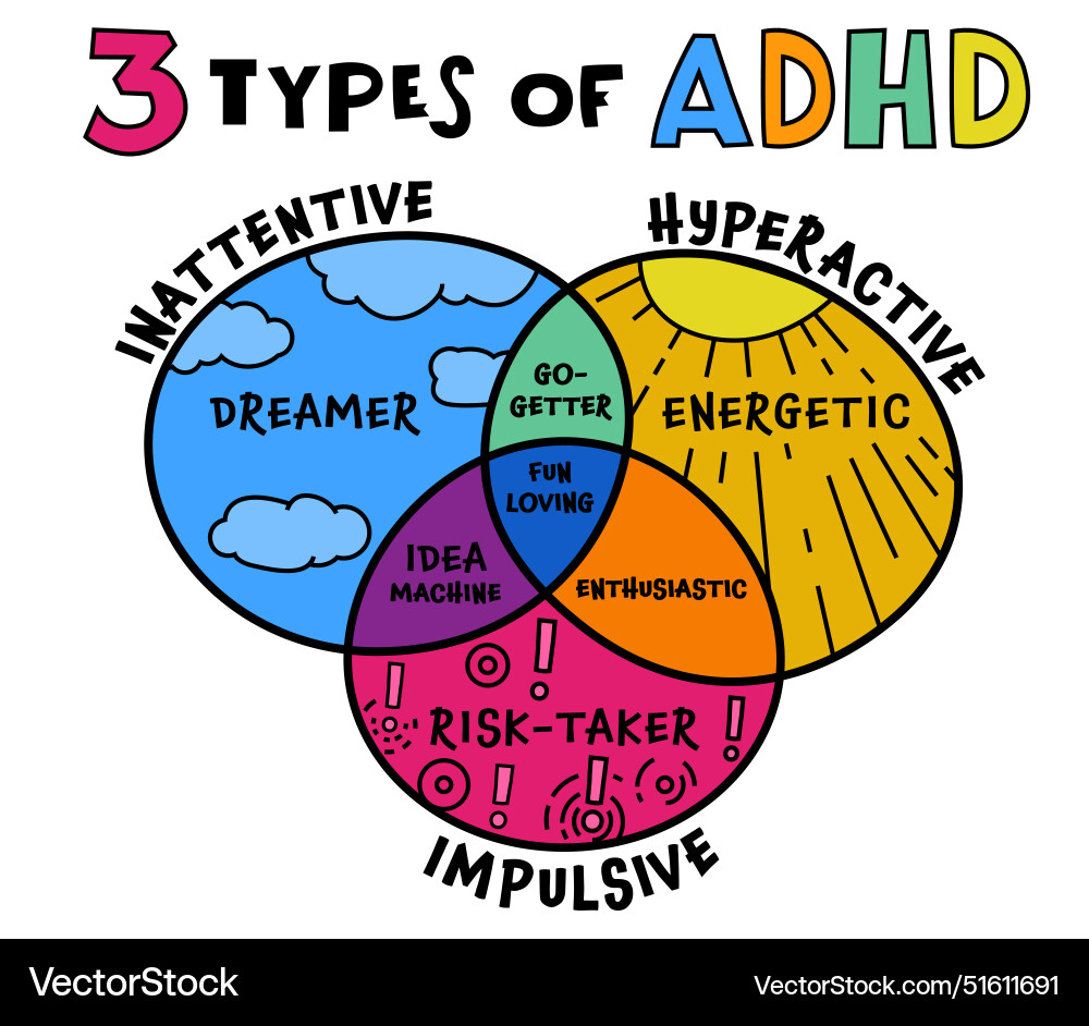 Three ADHD Types Explained Royalty Free Vector Image