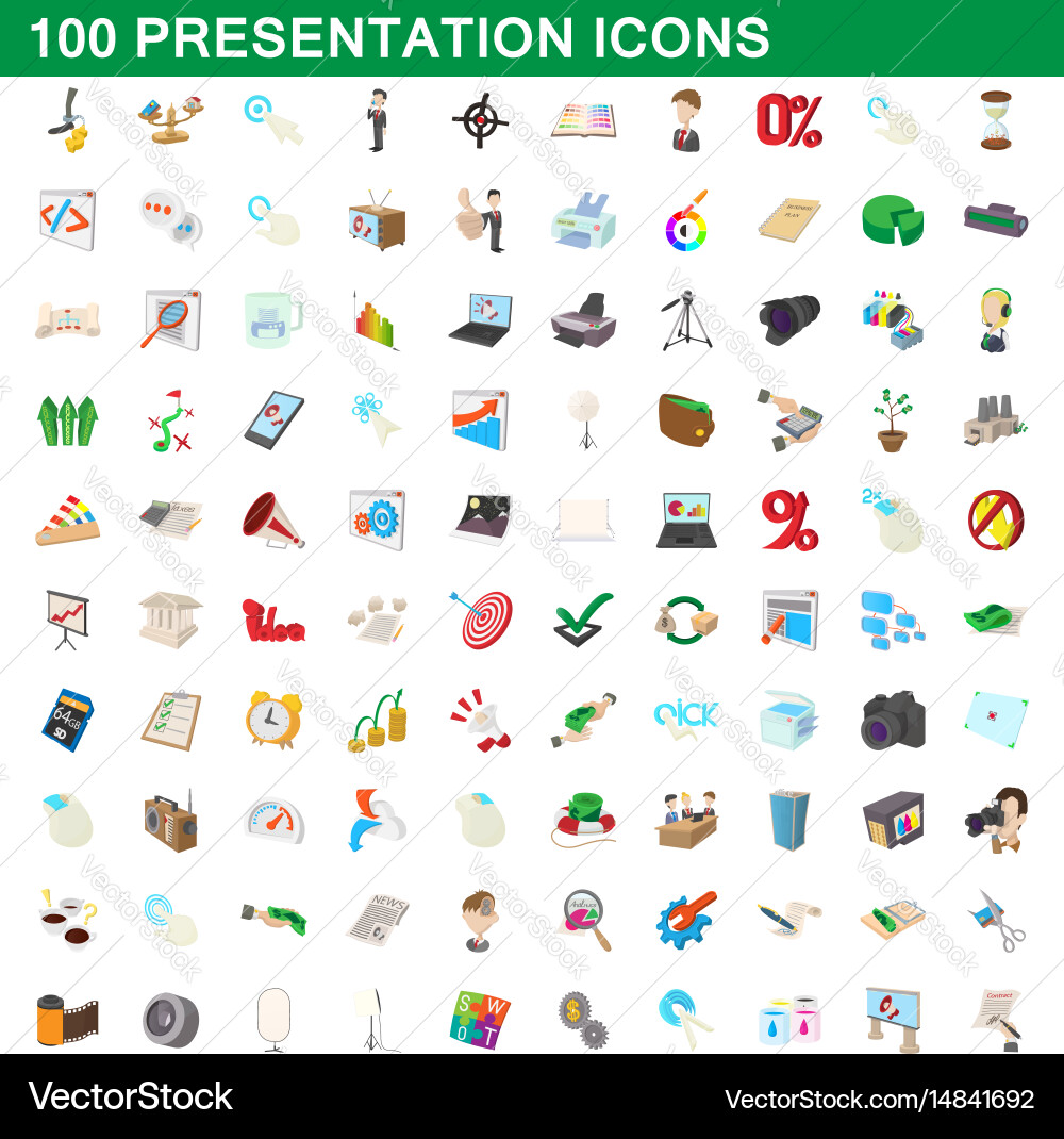 100 presentation icons set cartoon style Vector Image
