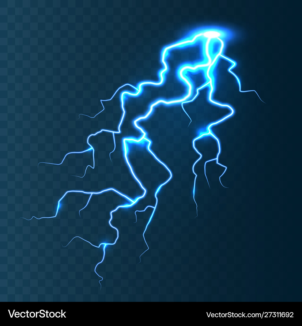 Realistic lightning on blue transparent background
