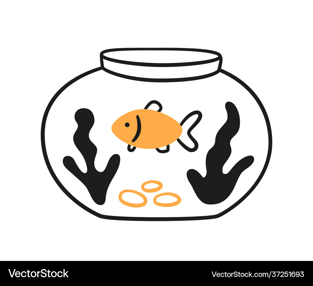 Glass aquarium with fish and algae in doodle style