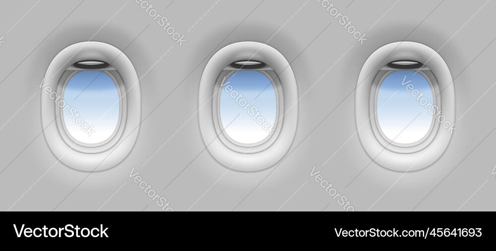 Three open airplane windows aircraft illuminator Vector Image