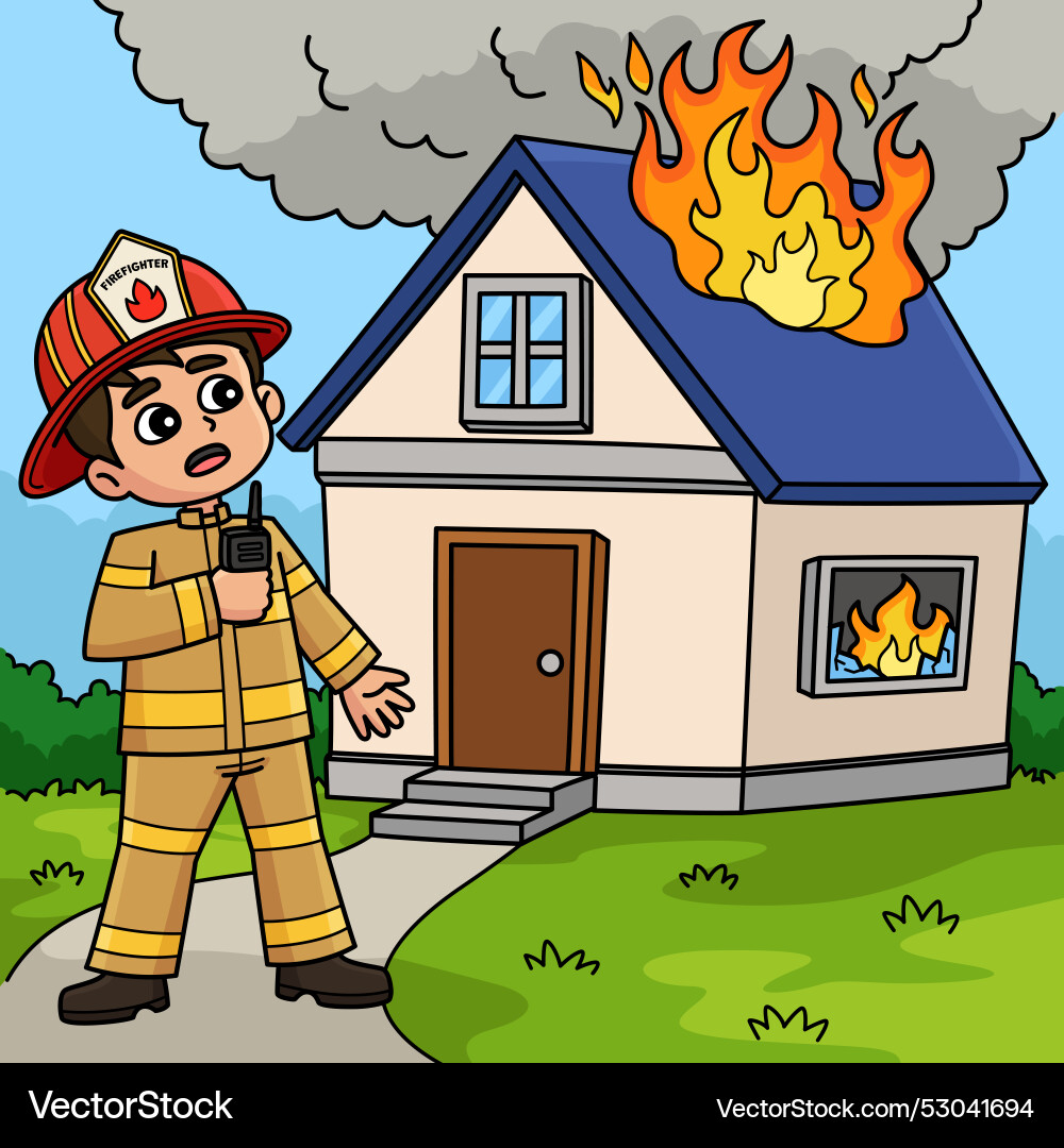 Firefighter with a burning house colored cartoon Vector Image