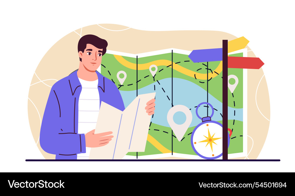 Man looks at route on map young guy with map in Vector Image