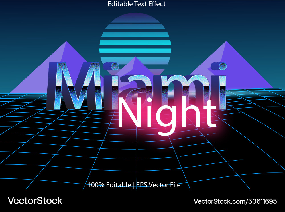 Miami night editable text effect 3d retro 80s Vector Image
