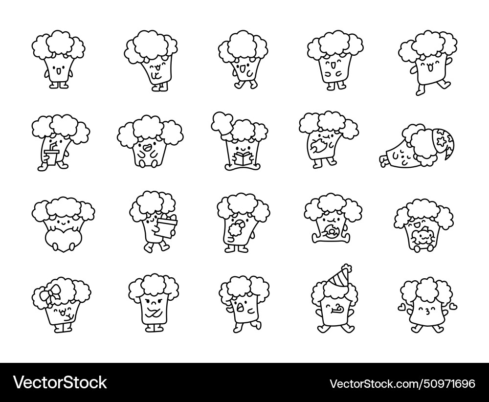 Cute kawaii broccoli character coloring page Vector Image